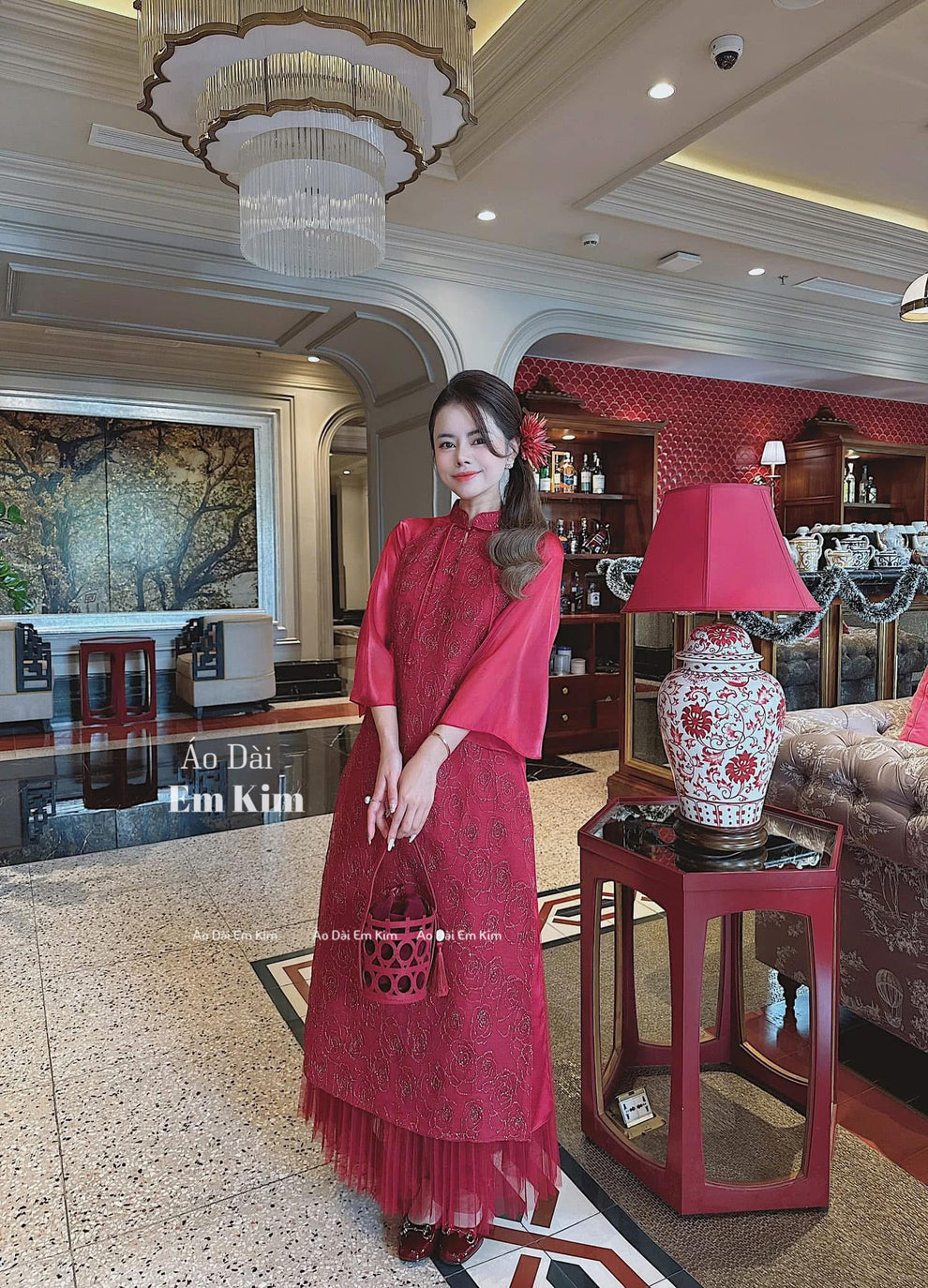 Red pearl design Áo Dài Red Flowers pattern Embroidery | Pre-made Viet ...